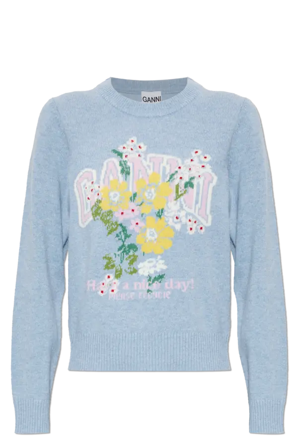 GANNI Sweater With A Colorful Pattern And Logo - Blue