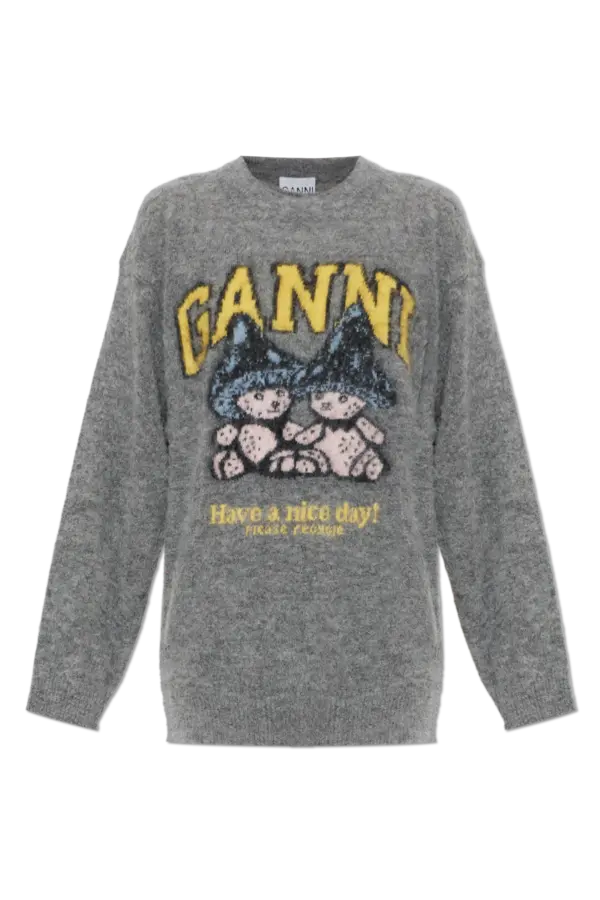 GANNI Oversize Sweater With Logo - Grey