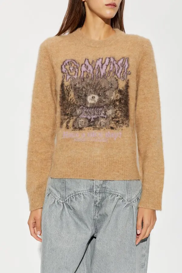 GANNI Sweater With A Colorful Pattern And Logo - Beige