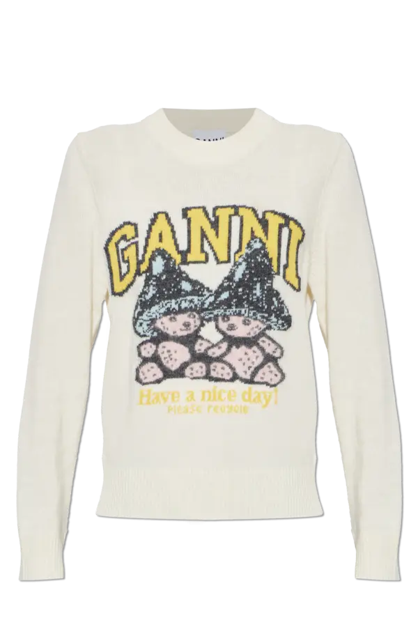 GANNI Sweater With A Colorful Pattern And Logo - Cream