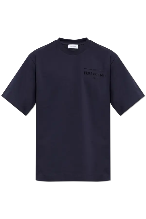 FERRAGAMO T-shirt With A Logo And Velvet Finish - Navy Blue