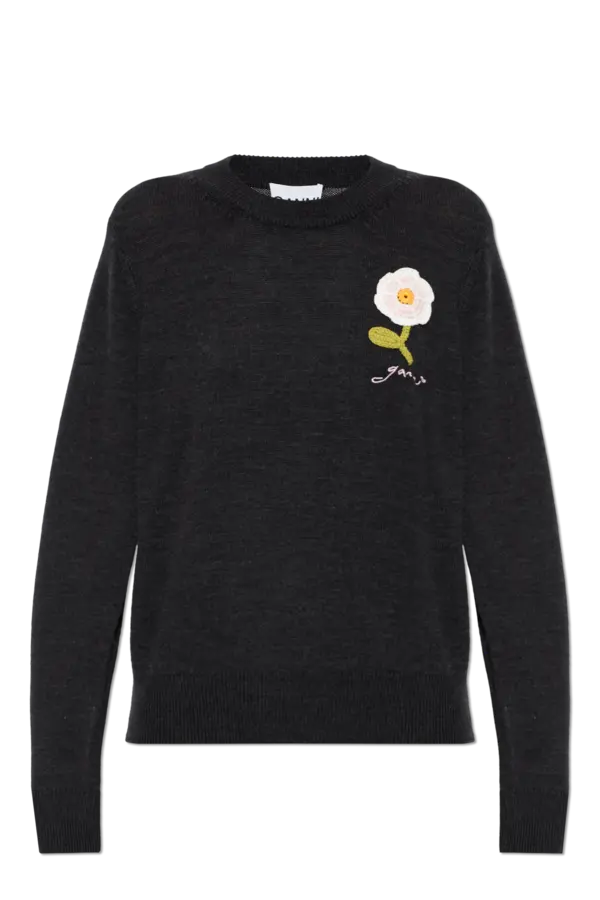 GANNI Wool Sweater With Embroidery - Grey