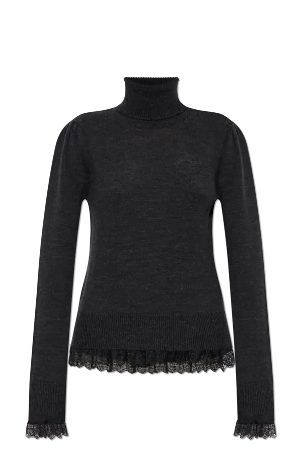 GANNI Wool Turtleneck With Lace Trim - Grey
