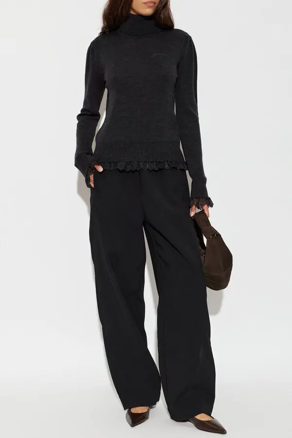 GANNI Wool Turtleneck With Lace Trim