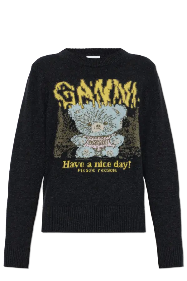 GANNI Sweater With Colorful Pattern And Logo - Grey