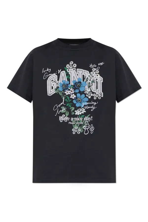 GANNI Cotton T-shirt With Floral Print - Black