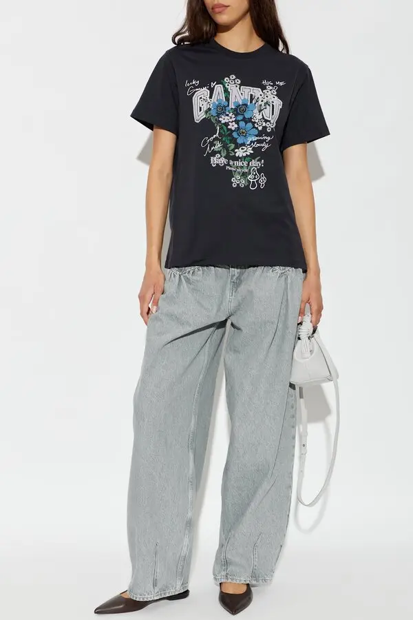 GANNI Cotton T-shirt With Floral Print - Black
