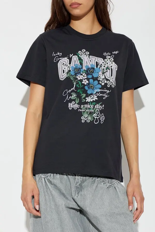 GANNI Cotton T-shirt With Floral Print - Black