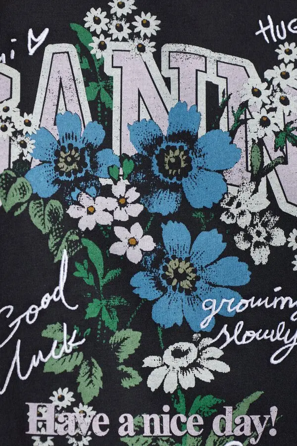 GANNI Cotton T-shirt With Floral Print - Black