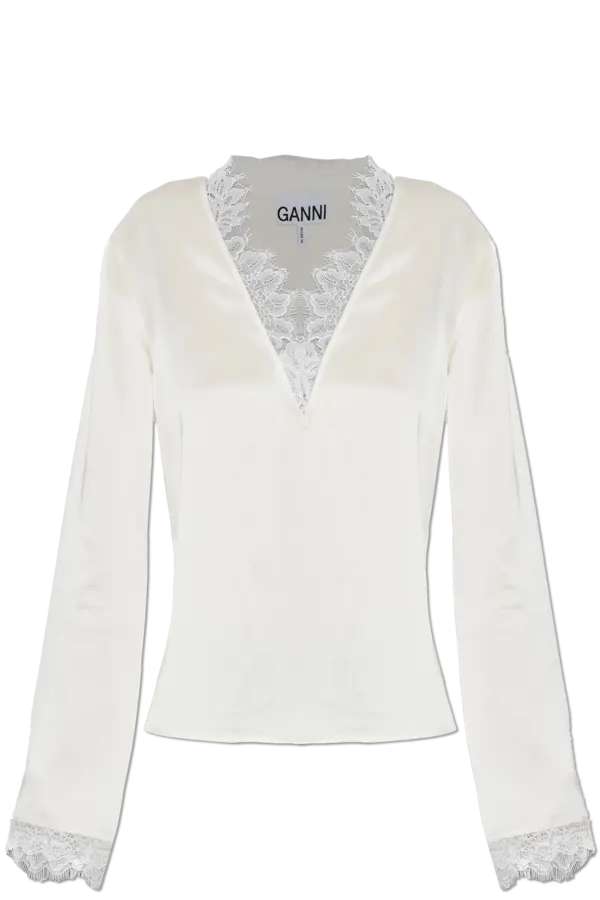 GANNI Satin Top With Lace Trim - Cream