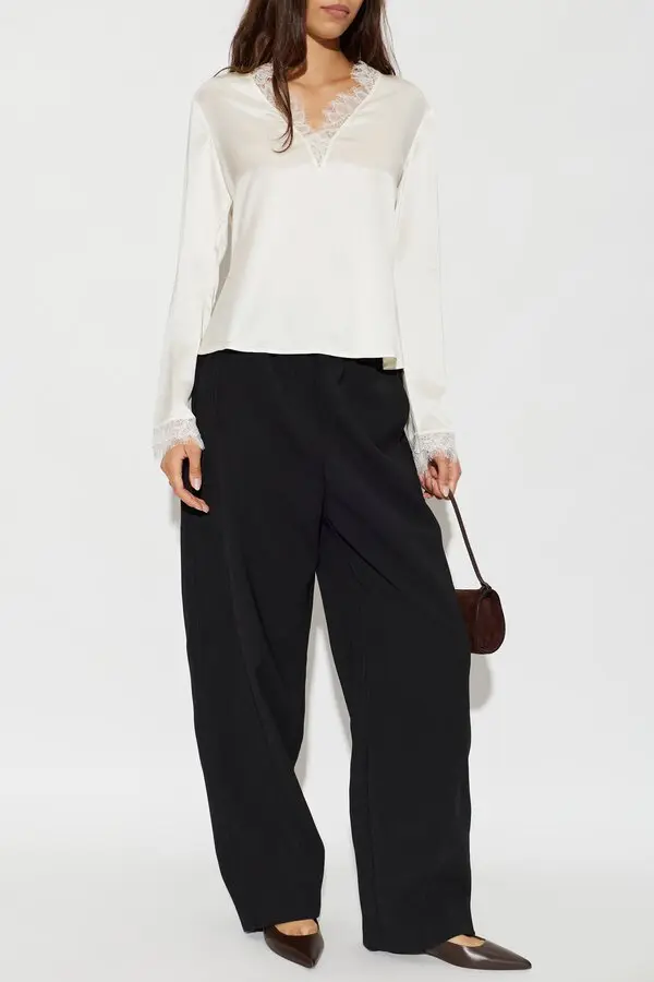 GANNI Satin Top With Lace Trim