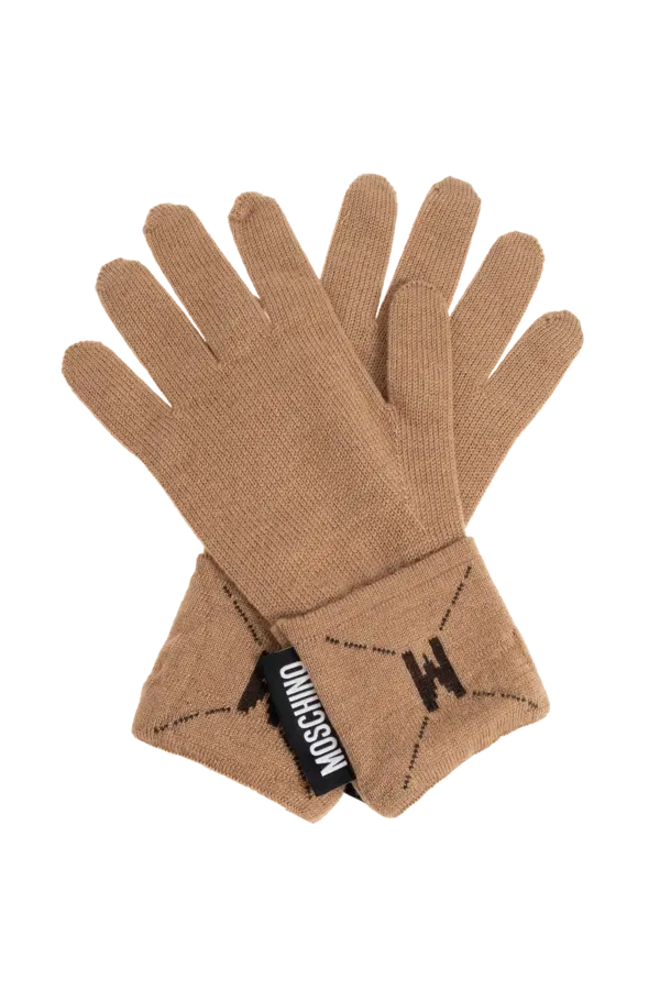 Moschino Wool Gloves With Logo - Beige
