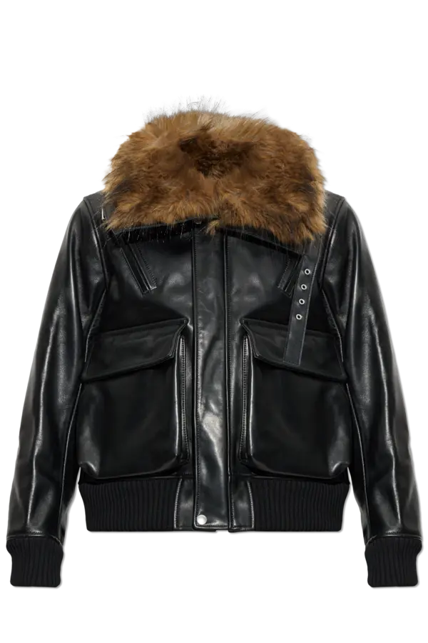 Sacai Leather Jacket With Faux Fur - Black