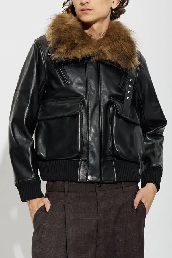 Sacai Leather Jacket With Faux Fur