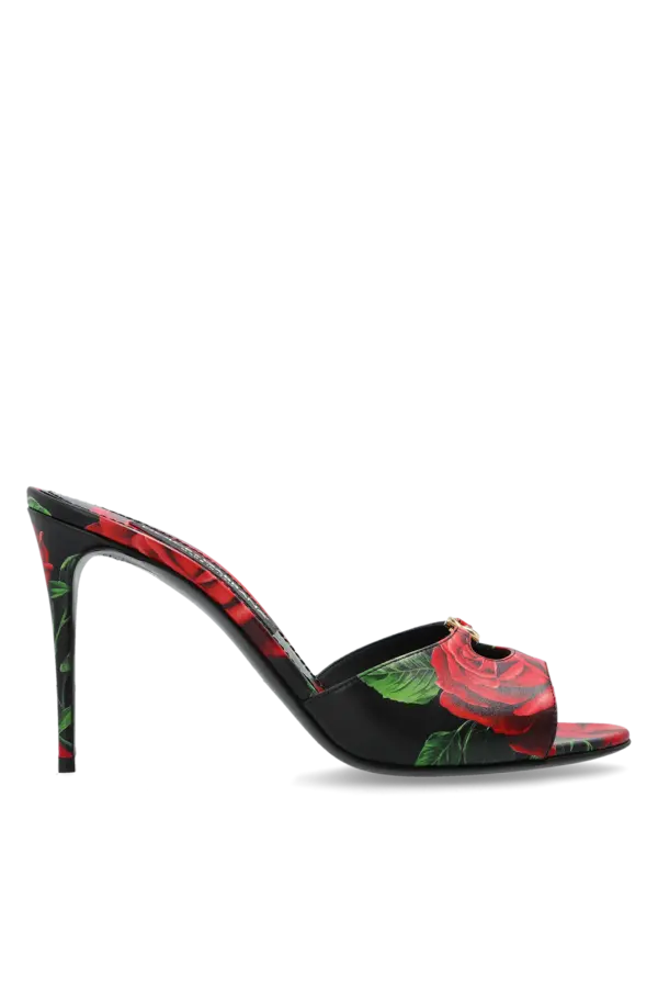 Dolce & Gabbana Leather Floral Heeled Mules - Black