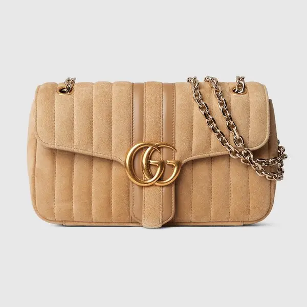Gucci Gg Marmont Medium Shoulder Bag In Suede - Beige
