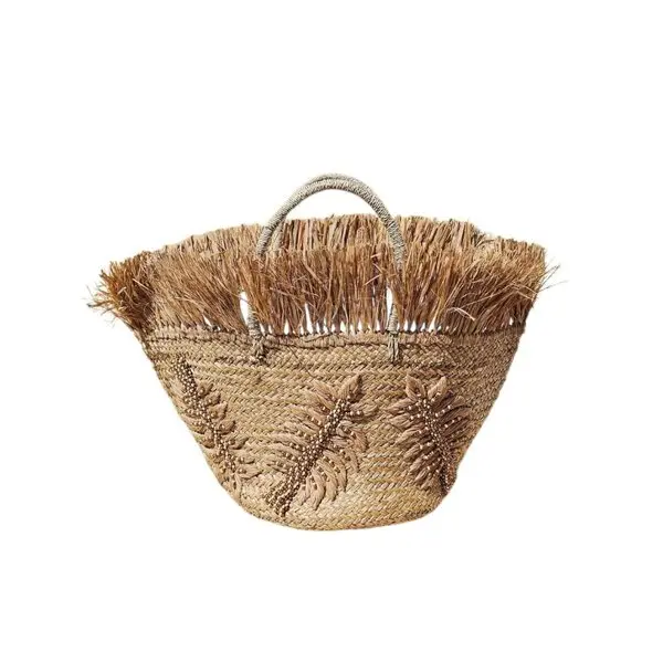 OHSUN Hand-embroidered Straw Tote With Fringe And Gold-tone Bead Detailing