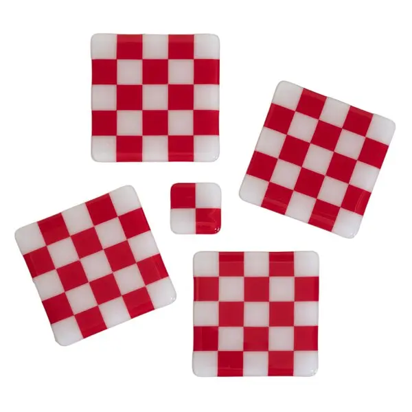 DAVID PERRY GLASS & CERAMICS White / Red Soft White & Flame Red Chequered Glass Coasters