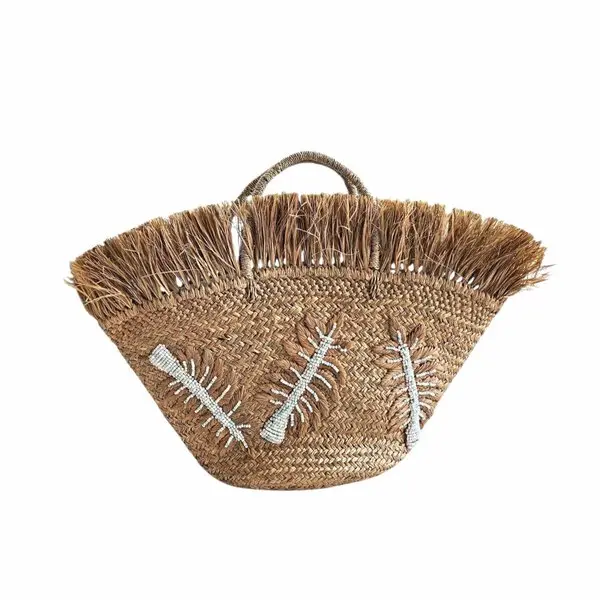 OHSUN Neutrals / Bliss Embroidered Straw Fringe Beach Tote Pearl - White