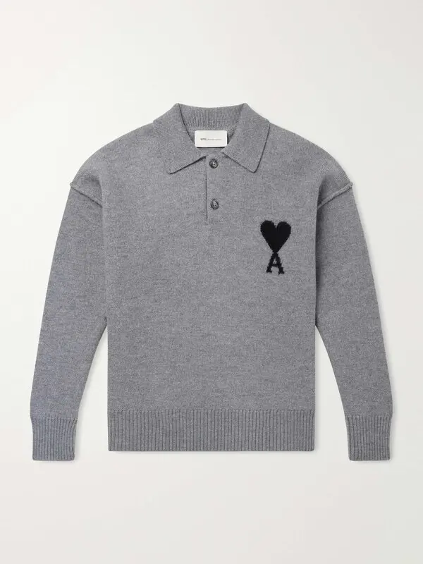 AMI Paris Logo-instarsia Wool Polo Sweater