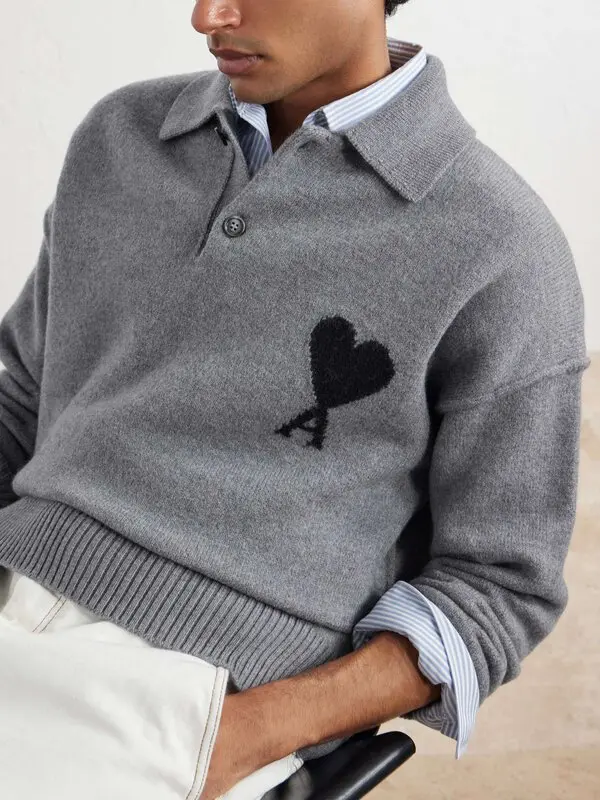 AMI Paris Logo-instarsia Wool Polo Sweater
