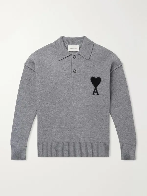 AMI Paris Logo-intarsia Wool Polo Sweater - Gray
