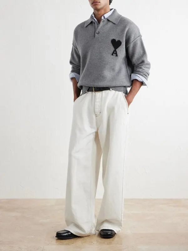 AMI Paris Logo-intarsia Wool Polo Sweater - Gray