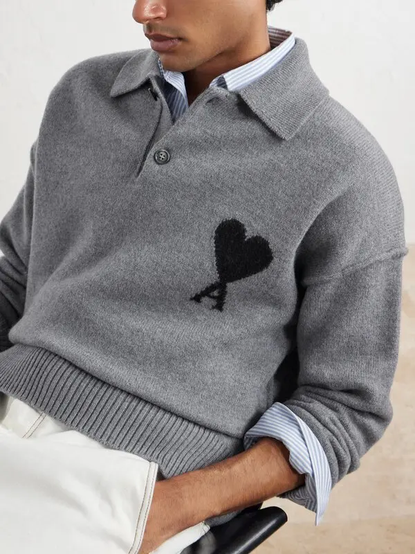 AMI Paris Logo-intarsia Wool Polo Sweater - Gray