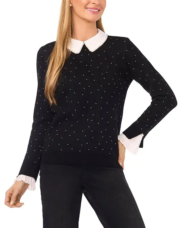 CECE DUPRAZ Faux Pearl Collar Polka Dot Sweater