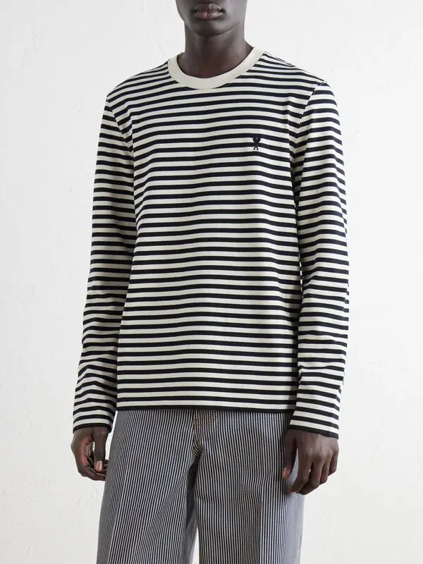 AMI Paris Logo-embroidered Striped Cotton-jersey T-shirt