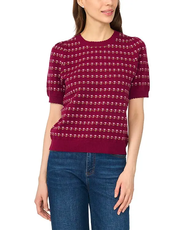 CECE DUPRAZ Flower Pointelle Short Sleeve Cotton Sweater