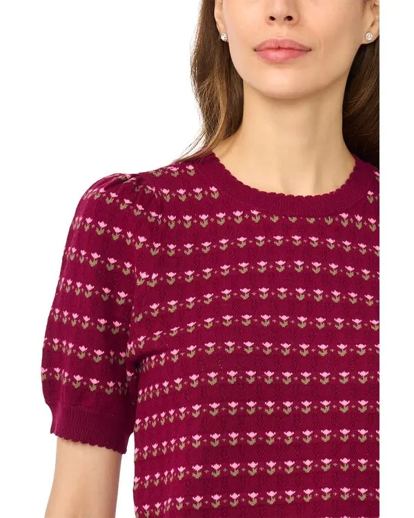 CECE DUPRAZ Flower Pointelle Short Sleeve Cotton Sweater