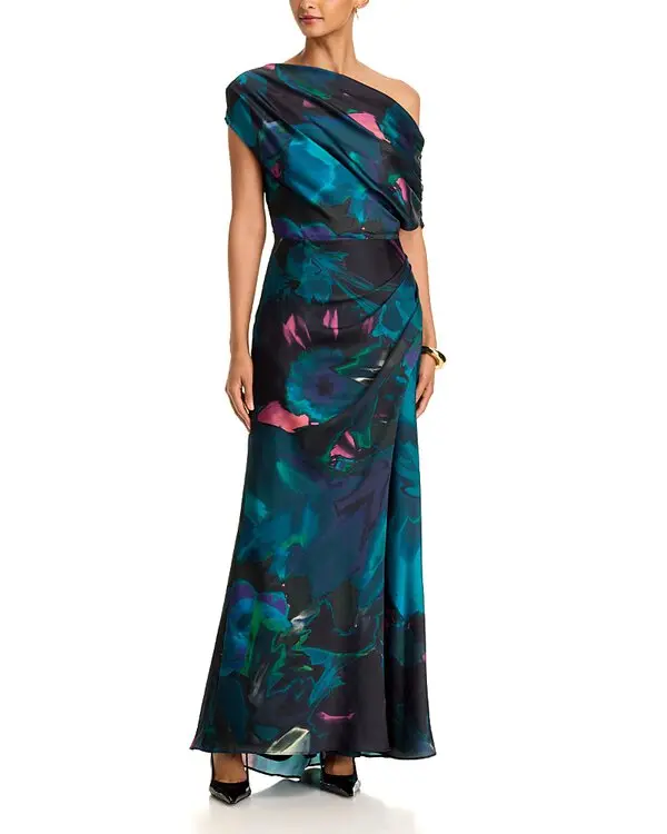 Aqua One Shoulder Satin Column Gown - Teal/multi