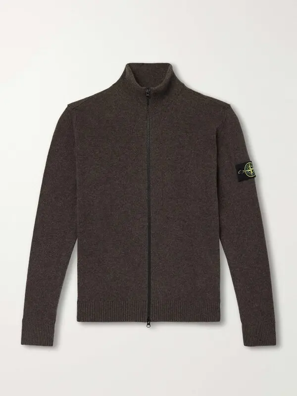 Stone Island Logo-appliquéd Virgin Wool Zip-up Cardigan - Brown