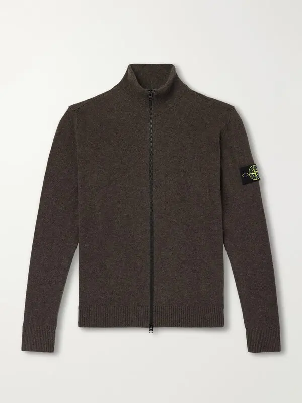 Stone Island Logo-appliquéd Virgin Wool Zip-up Cardigan - Brown