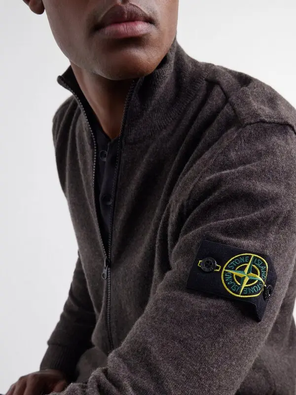 Stone Island Logo-appliquéd Virgin Wool Zip-up Cardigan - Brown