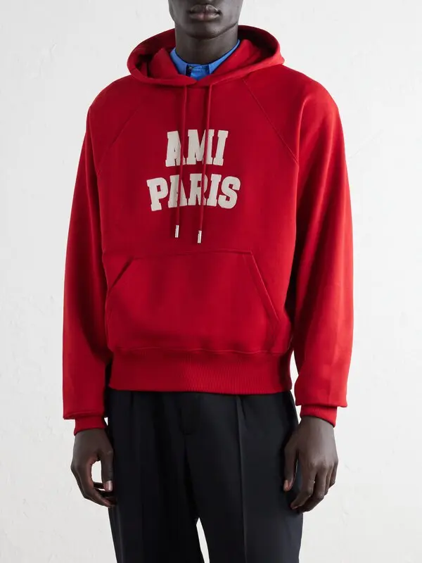 AMI Paris Logo-embroidered Organic Cotton-fleece Hoodie
