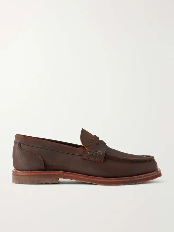 Mr P. Waxed-effect Suede Penny Loafers - Brown