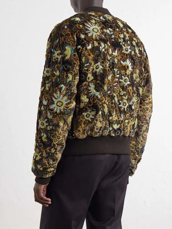 Dries Van Noten Embellished Printed Velvet Bomber Jacket - Green