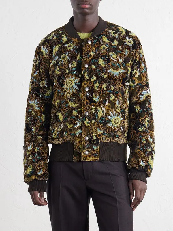 Dries Van Noten Embellished Printed Velvet Bomber Jacket - Green