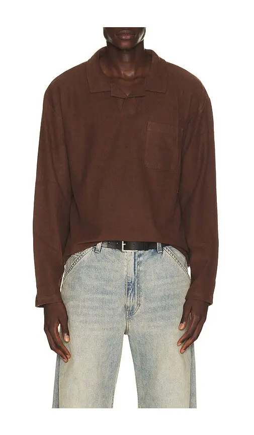 RHYTHM Vintage Terry Long Sleeve Polo In Brown