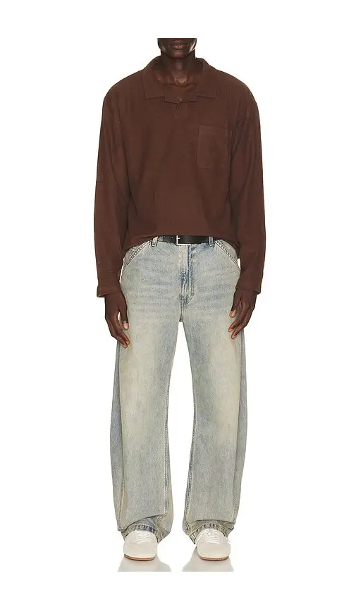 RHYTHM Vintage Terry Long Sleeve Polo In Brown