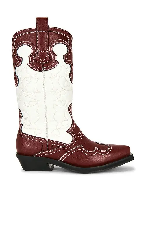 GANNI Mid Shaft Embroidered Western Boot In Red