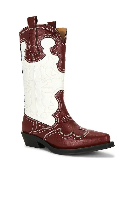 GANNI Mid Shaft Embroidered Western Boot In Red