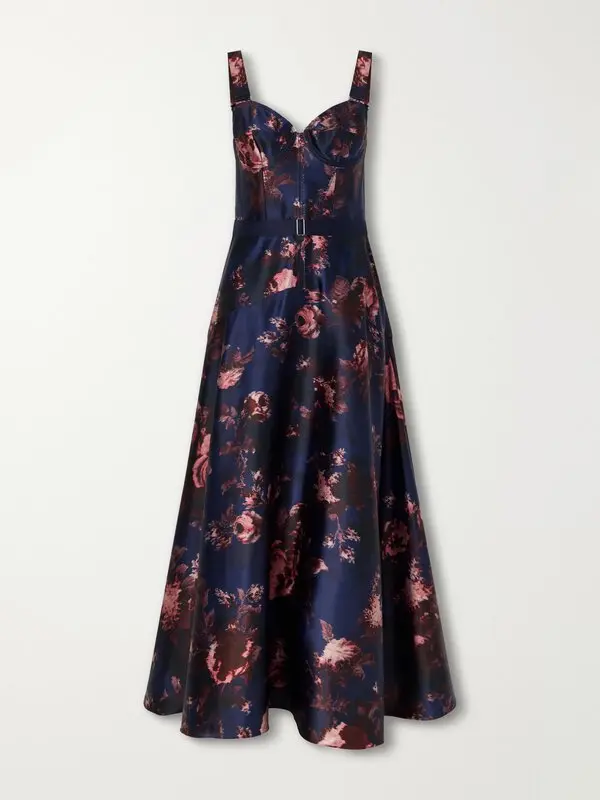 Erdem Belted Floral-print Duchess-satin Bustier Midi Dress - Blue