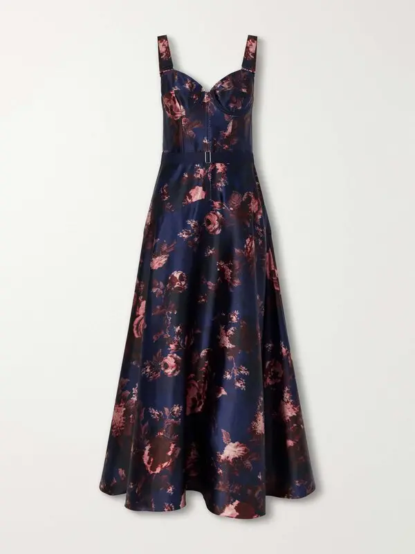 Erdem Belted Floral-print Duchess-satin Bustier Midi Dress