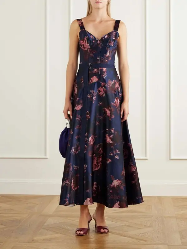 Erdem Belted Floral-print Duchess-satin Bustier Midi Dress