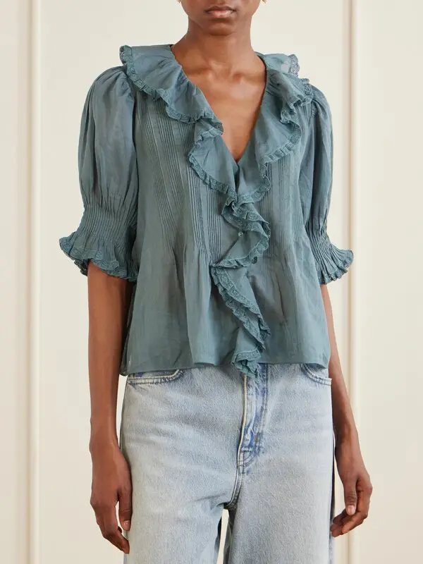 DÔEN Henri Lace-trimmed Organic Cotton Blouse - Blue