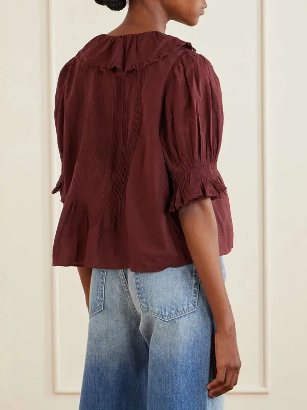 DÔEN Henri Shirred Lace-trimmed Organic Cotton Blouse