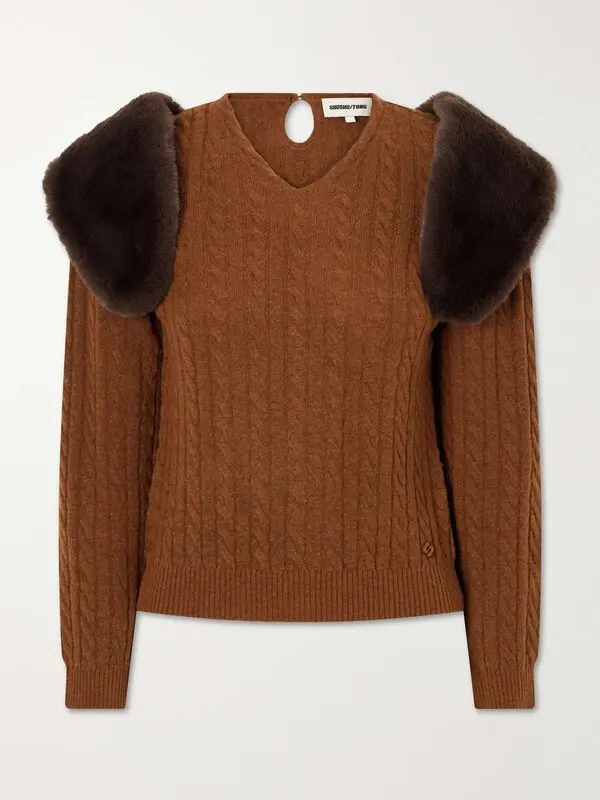 SHUSHU/TONG Plush-trimmed Cable-knit Wool And Lyocell-blend Sweater - Brown